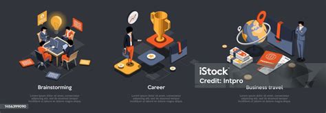 면접 브레인 스토밍 출장 채용 프리랜서 작업 경력 사다리 성공적인 사업가들은 새로운 시작에 대해 토론하고 출장을 갑니다 아이소메트릭 3d 벡터 일러스트 세트 성취에 대한