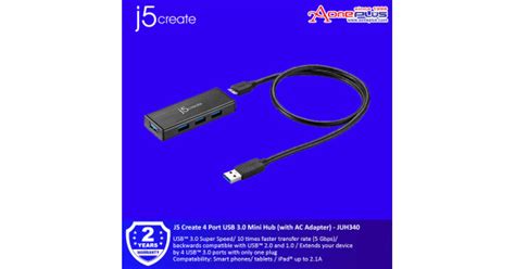 J5 Create 4 Port Usb 3 0 Mini Hub With Ac Adapter Juh340
