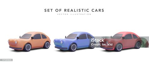 흰색 배경에 격리된 그림자가 있는 3d 현실적인 컬러 자동차 세트 벡터 그림 자동차 대리점에 대한 스톡 벡터 아트 및 기타 이미지 자동차 대리점 컴퓨터 그래픽 0명