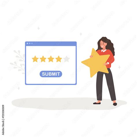 Customer Review Concept Woman Holding Star And Giving Five Stars Rating Dialog Window In