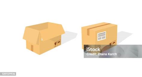 이좀트리 깨지기 쉬운 표지판이있는 흰색 배경에 닫힌 및 열린 골판지 상자 세트 운송 배송 골판지 상자 모형 벡터 그림입니다 3차원 형태에 대한 스톡 벡터 아트 및 기타