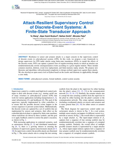 Pdf Attack Resilient Supervisory Control Of Discrete Event Systems A Finite State Transducer