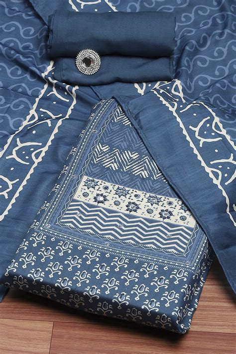 Buy Blue Cotton Blend Printed Unstitched Suit Set Online At Biba India
