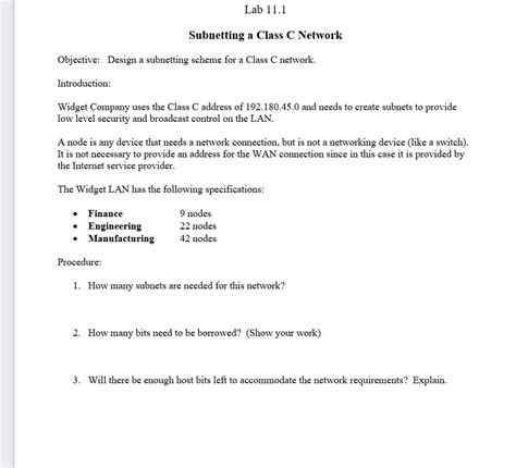 solved lab 11 1 subnetting a class c network objective