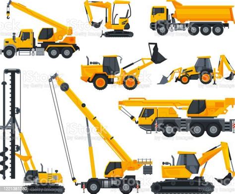 건설 중장비 세트 무거운 특수 수송 트럭 굴삭기 불도저 크레인 서비스 차량 벡터 일러스트 개념에 대한 스톡 벡터 아트 및 기타 이미지 Istock