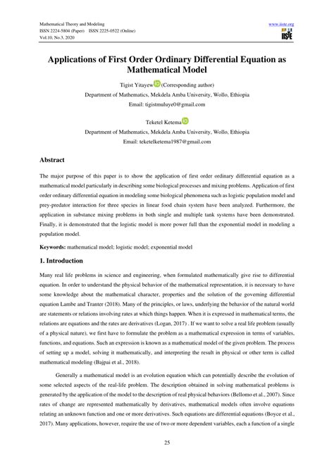 Pdf Applications Of First Order Ordinary Differential Equation As Mathematical Model