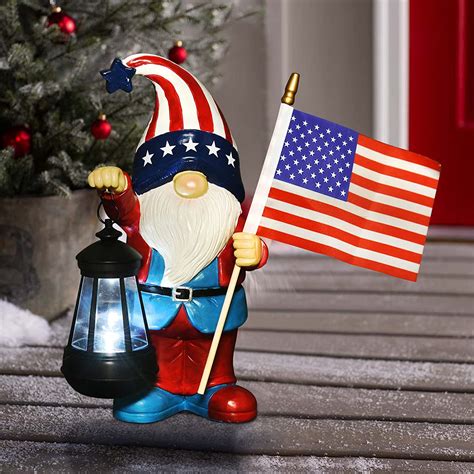 Memorial Day Resin Garden Gnomes Statue Hand Held National Flag And
