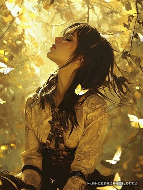 Ai创作图银杏月影翩若惊鸿 Cg插画 意境人物插画 昏灯枯鸦叶寂寥 厚涂插画 Cg绘画作品 板绘人像 仰视历史古风 柔美意境美人 厚涂手绘 古风美女图合集 秋光闪烁金叶聆听 唯美人物插画 金色