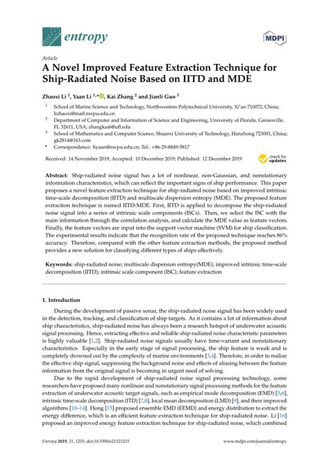 Pdf A Novel Improved Feature Extraction Technique For Ship Radiated Noise Based On Iitd And Mde