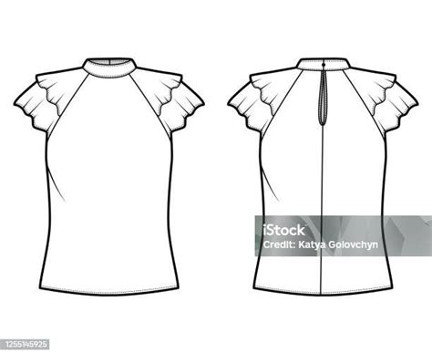 하이 네크라인 줄무늬 칼라 플러터러 프릴 쇼트 슬리브 루즈 바디가 돋보이는 블라우스 테크니컬 패션 일러스트 0명에 대한 스톡