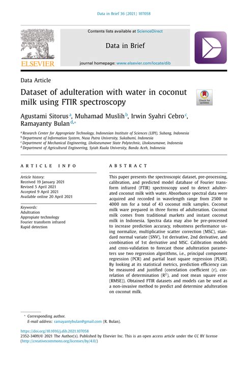 Pdf Dataset Of Adulteration With Water In Coconut Milk Using Ftir Spectroscopy