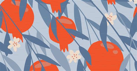 파란 잎을 가진 석류 과일 이음새가 없는 패턴 템플릿입니다 식물 과일 디자인 피는 석류 벡터 플랫 손으로 그린 그림 벡터 Unsplash의 무늬 이미지