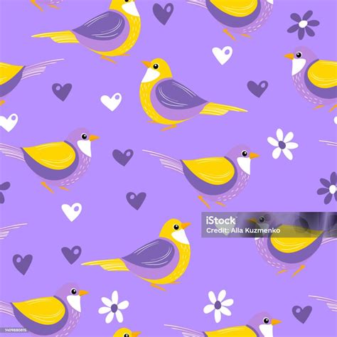 재미있는 다채로운 새 꽃 잎 및 열매가있는 완벽한 패턴 작은 만화 새와 컬러 플랫 벡터 일러스트레이션 귀여운 캐릭터 초대 포스터 카드 섬유 직물을위한 디자인 교육에 대한