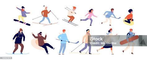 아이들과 함께 겨울 활동 스포츠 커플 크리스마스 휴가 시간 고립 된 스케이트 스키 스노우 보드와 하키 캐릭터 벡터 일러스트레이션 겨울에 대한 스톡 벡터 아트 및 기타 이미지