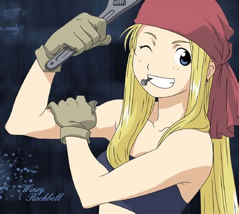 Download Cheerful Winry Rockbell On A Vibrant Background Wallpaper