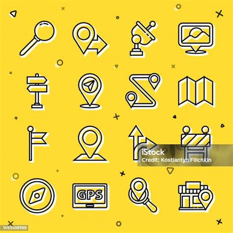상점 도로 장벽 접힌 지도 레이더 교통 표지판 푸시 핀 및 경로 위치 아이콘으로 라인 위치를 설정합니다 벡터 거리에 대한 스톡 벡터 아트 및 기타 이미지 Istock