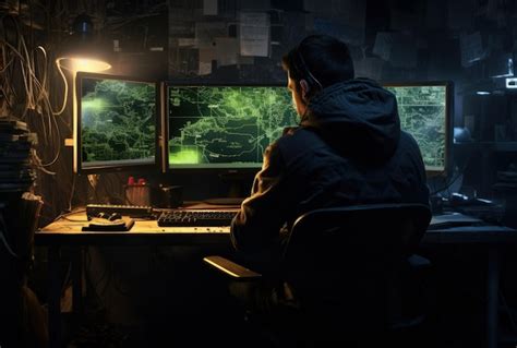 Premium Photo Man Working On Computer In Dark Room