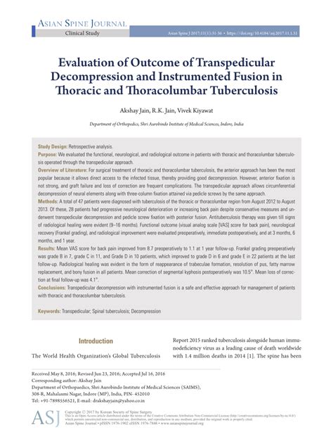 Pdf Evaluation Of Outcome Of Transpedicular Decompression And Instrumented Fusion In Thoracic