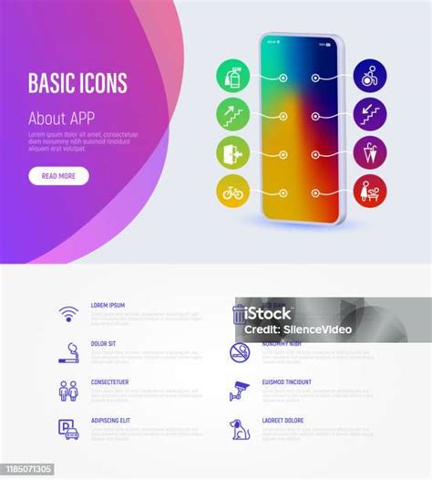 스마트 폰과 기본 공공 표지판 웹 페이지 템플릿 와이파이 폐기물 바구니 장애인 소화기 흡연 장소 계단 위 계단 주차 가는 선 아이콘입니다 벡터 그림입니다 개념에 대한 스톡