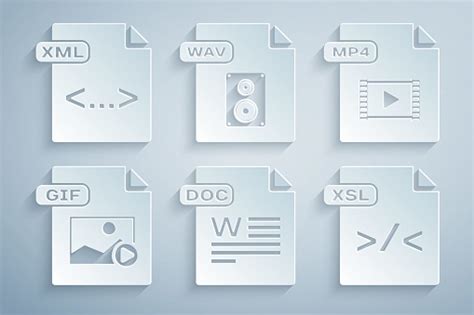 Set Doc File Document Mp4  Xsl Wav And Xml Icon Vector Stock