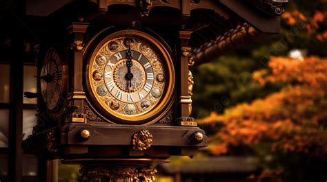 화려한 단풍 옆에 우아한 청동 시계 시계 이미지 고화질 사진 사진 갈색 배경 일러스트 및 사진 무료 다운로드 Pngtree
