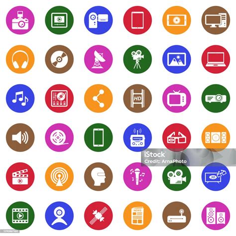 멀티미디어 아이콘 원안에 흰색 플랫 디자인 벡터 일러스트레이션 3차원 형태에 대한 스톡 벡터 아트 및 기타 이미지 3차원 형태 Brand Name Video Game