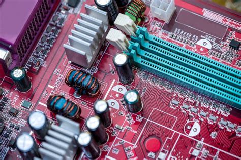 Close Up Of Electronic Components On A Motherboard Or Microprocessor Chip Stock Image Image