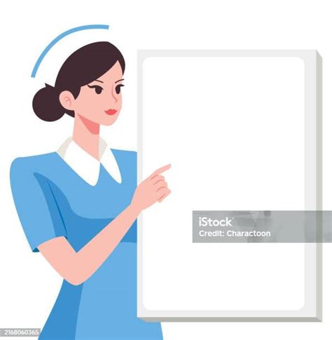 빈 사본 화이트 보드 평면 예술 벡터 일러스트 레이 션에 가리키는 여자 간호사 손 간호사에 대한 스톡 벡터 아트 및 기타 이미지