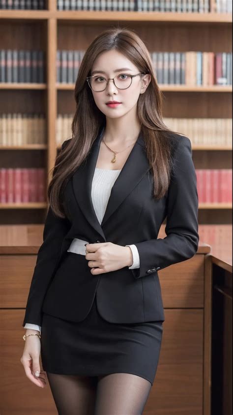 一位身着西装戴着眼镜的女士站在书架前 SeaArt AI