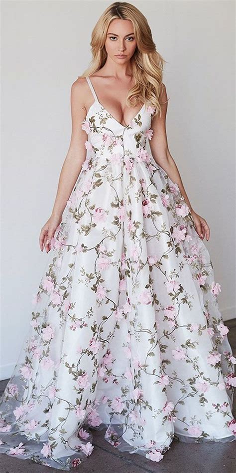 A Line Deep V Neck Sweep Train Pink Tulle Prom Dress With Flowers Pg777