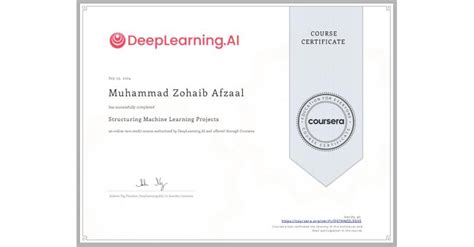 Completion Certificate For Structuring Machine Learning Projects Muhammad Zohaib Afzaal