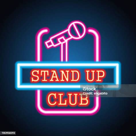 스탠드 업 코미디 광고에 대한 네온 사인을 일어서 벡터 일러스트레이션 Live Event에 대한 스톡 벡터 아트 및 기타 이미지