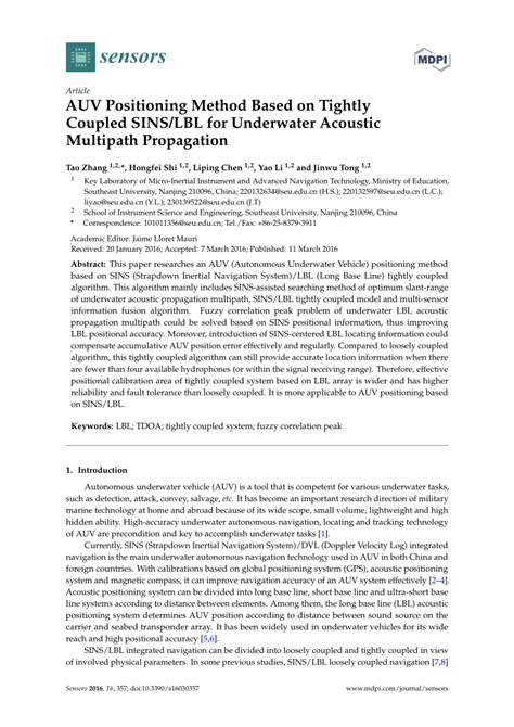 Pdf Auv Positioning Method Based On Tightly Coupled Sins Lbl For Underwater Acoustic Multipath