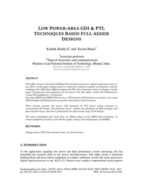 Low Power Area Gdi And Ptl Techniques Based Full Adder Designs Pdf