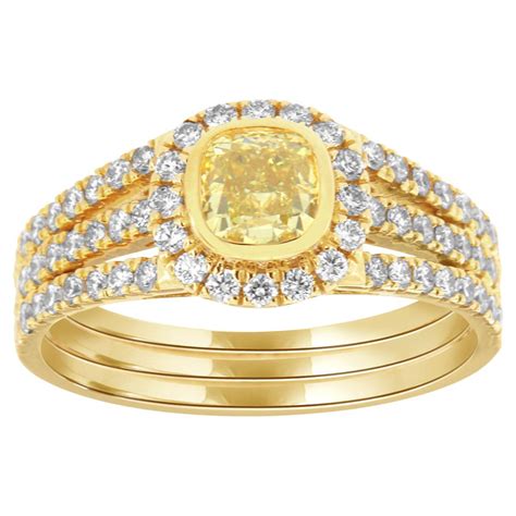 Gia Certified 062 Carat Cushion Yellow Diamond Halo 18k Gold Diamond