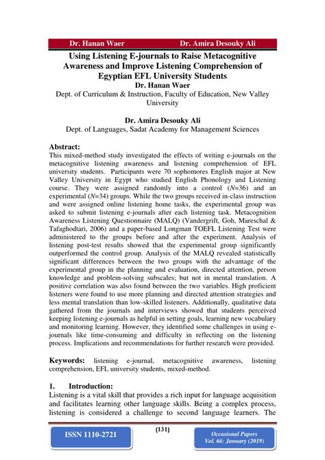 Pdf Using Listening E Journals To Raise Metacognitive Awareness And Improve Listening