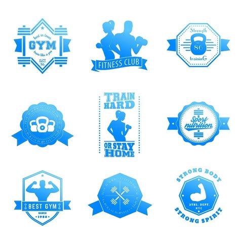 Fitness Gym Vector Logos Emblems Badges With Barbells Dumbbells Athletes And Bodybuilders