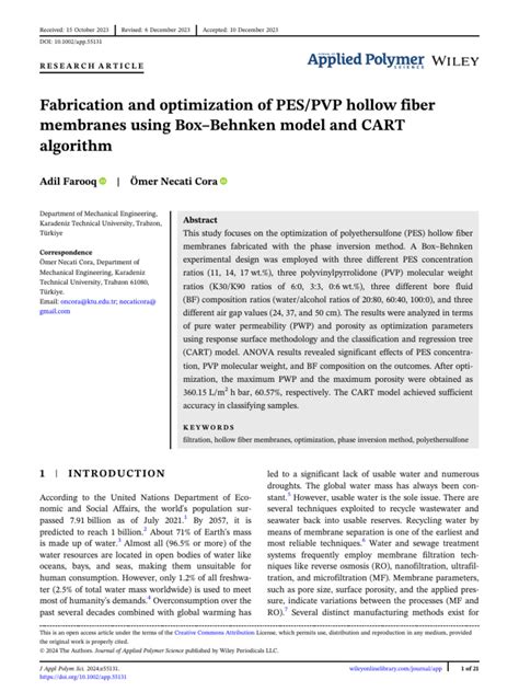 fabrication and optimization of pes pvp hollow fiber membranes using box behnken model and cart