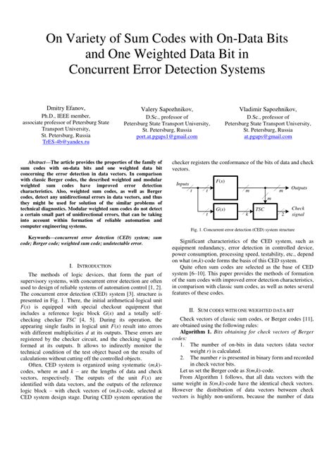 Pdf On Variety Of Sum Codes With On Data Bits And One Weighted Data Bit In Concurrent Error