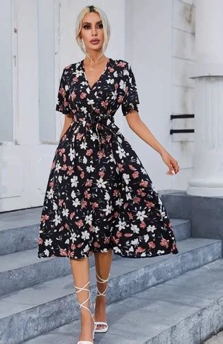 Black Floral Surplice Neck Tie Dress Short Sleeve Xl Us Size 12 New
