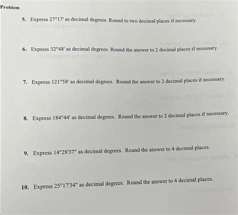 Solved Problem5 Express 2717 As Decimal Degrees Round Chegg Com