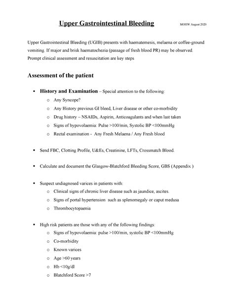 5 Upper Git Bleed Notes Upper Gastrointestinal Bleeding Mohw August