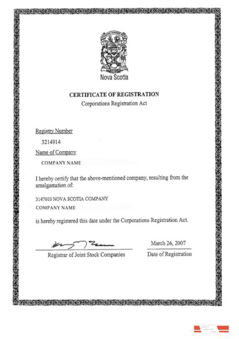 Nova Scotia Certificate Of Registration