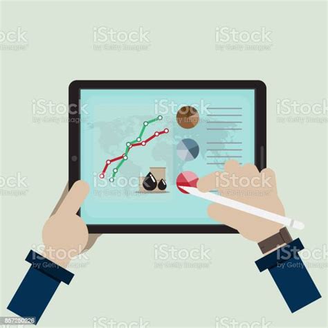 비즈니스 사람 기름 그래프와 태블릿을 들고입니다 평면 디자인 벡터 일러스트입니다 인포 그래픽 웹 디자인 요소 개념에 대한 스톡 벡터 아트 및 기타 이미지 Istock