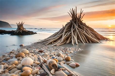 Premium Ai Image A Log Structure Sits In The Water At Sunset Premium Ai Image A Log Structure Sits In The Water At Sunset