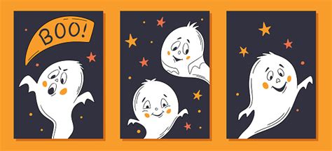 아기 유령과 할로윈 인사말 카드 세트 한 줄로 손으로 그린 이모티콘 유령 재미 있고 귀여운 유령 만화 스타일 행복한 할로윈 파티 휴일 만화 캐릭터 10월에 대한 스톡 벡터
