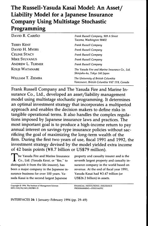 Pdf The Russell Yasuda Kasai Model An Assetliability Model For A Japanese Insurance Company