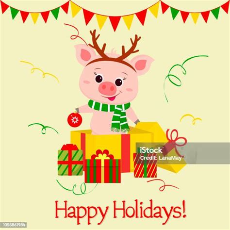 새 해 복 많이 받으세요 그리고 즐거운 성 탄 인사말 카드입니다 사슴의 상에 귀여운 돼지 상자에서 크리스마스 볼을 하 고 중국 달력의 새 해의 상징 2019 벡터 0명에