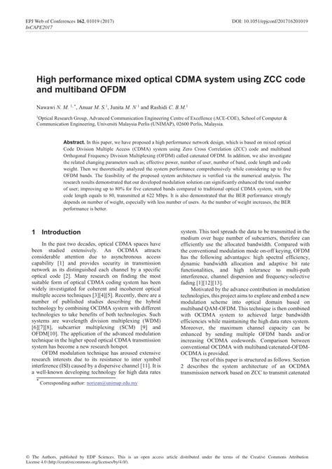 Pdf High Performance Mixed Optical Cdma System Using Zcc Code And Multiband Ofdm