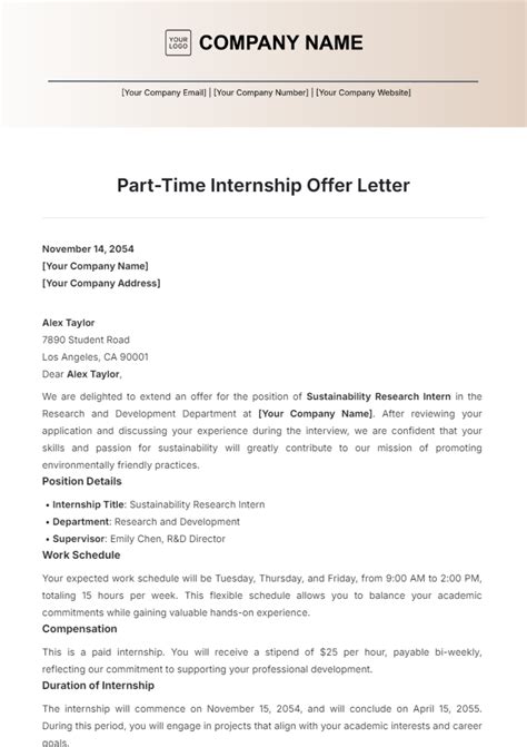 Free Part Time Internship Offer Letter Template To Edit Online